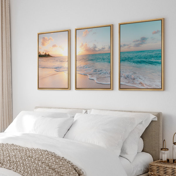 IDEA4WALL Aesthetic Sunset on Teal Ocean Coastal Beach Shore Framed Canvas 3 Pieces Print ...